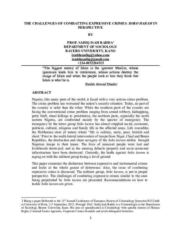 (DOC) THE CHALLENGES OF COMBATTING EXPRESSIVE CRIMES: BOKO HARAM IN ...