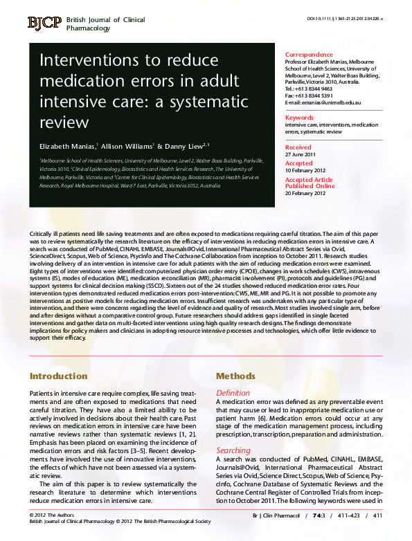 (PDF) Interventions to reduce medication errors in adult intensive care: a systematic review