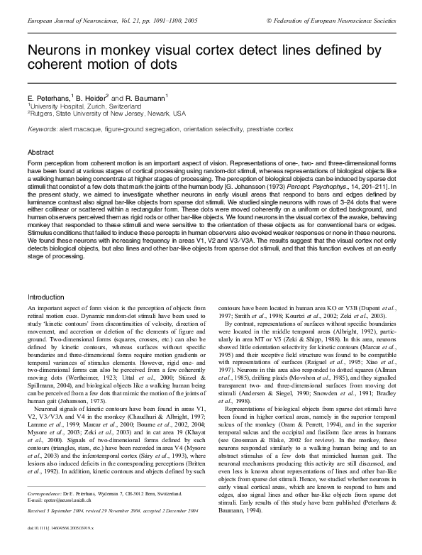 (PDF) Neurons in monkey visual cortex detect lines defined by coherent motion of dots | Robert ...