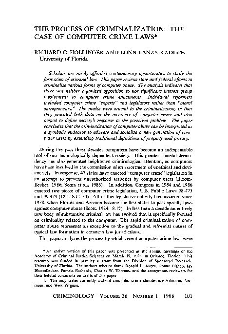 (PDF) THE PROCESS OF CRIMINALIZATION: THE CASE OF COMPUTER CRIME LAWS*