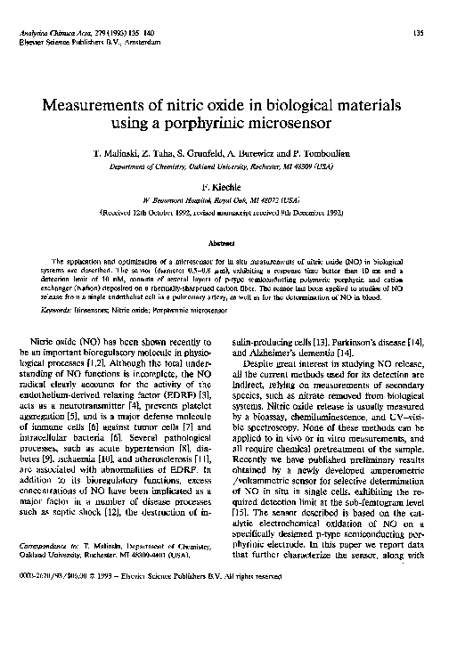 (PDF) Measurements of nitric oxide in biological materials using a porphyrinic microsensor