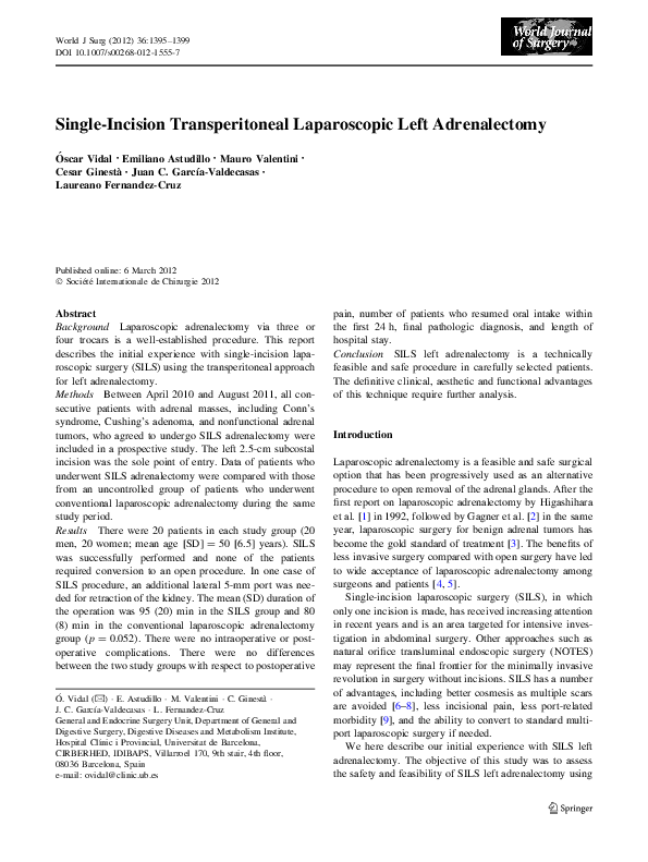 (PDF) Single-Incision Transperitoneal Laparoscopic Left Adrenalectomy