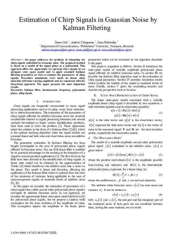 Pdf Estimation Of Chirp Signals In Gaussian Noise By Kalman Filtering