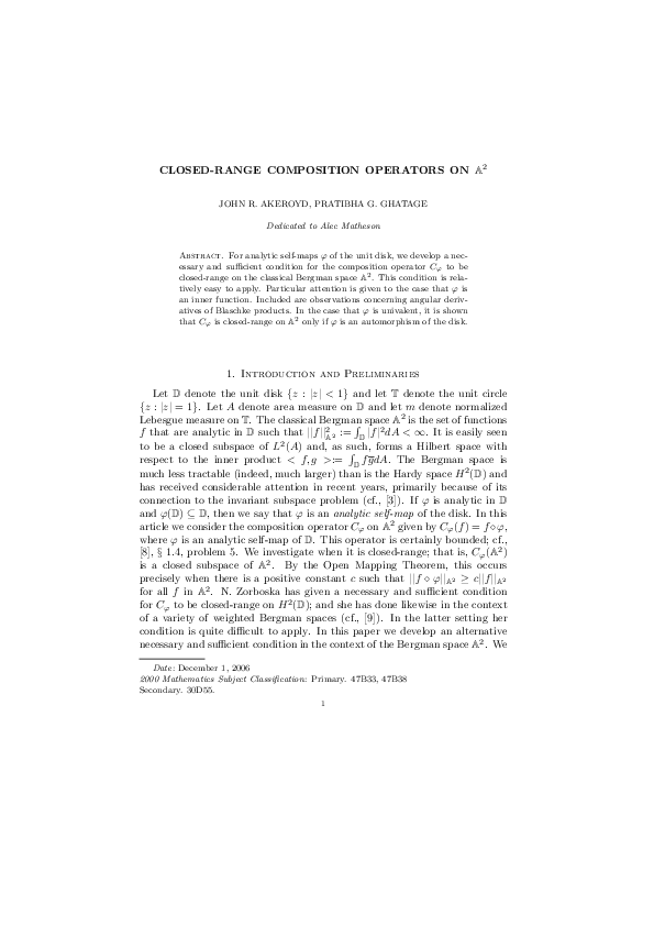 (PDF) CLOSED-RANGE COMPOSITION OPERATORS ON A 2