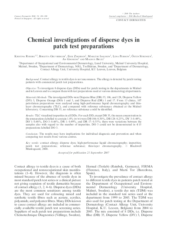 (PDF) Chemical investigations of disperse dyes in patch test preparations