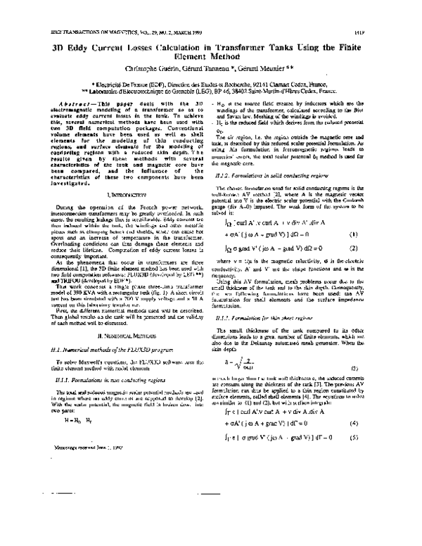 Pdf 3d Eddy Current Losses Calculation In Transformer Tanks Using The Finite Element Method