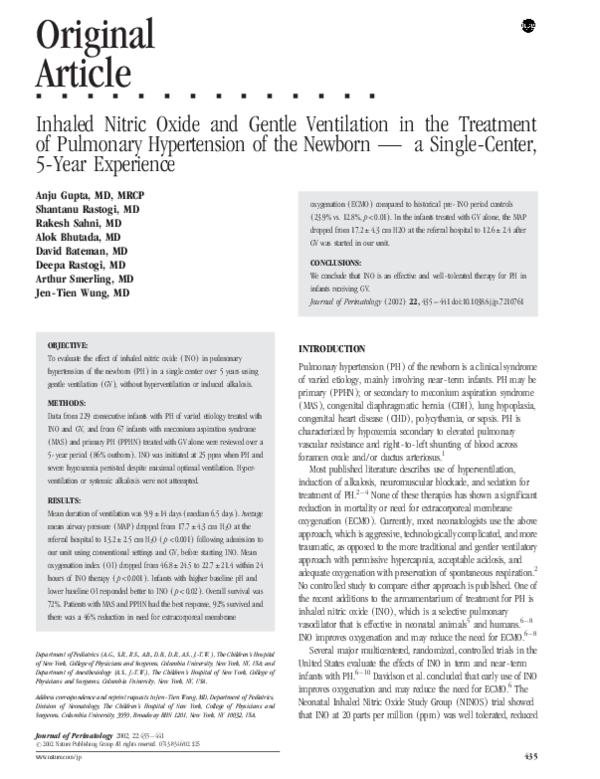 (PDF) Inhaled Nitric Oxide and Gentle Ventilation in the Treatment of ...
