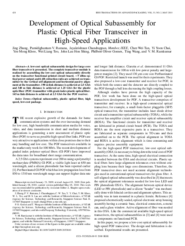 (PDF) Development of Optical Subassembly for Plastic Optical Fiber ...