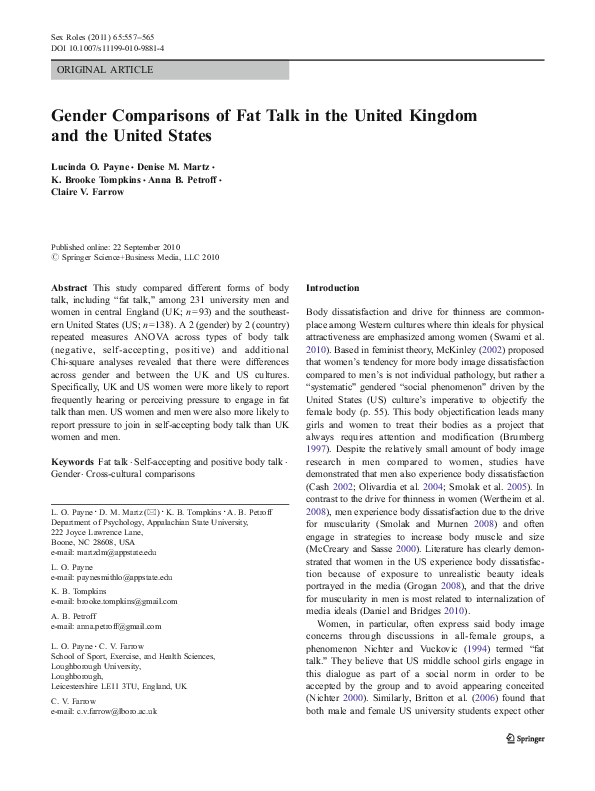 (PDF) Gender Comparisons of Fat Talk in the United Kingdom and the ...