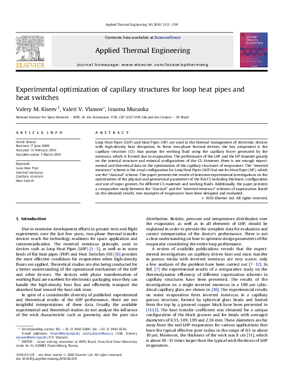 (PDF) Experimental optimization of capillary structures for loop heat pipes and heat switches