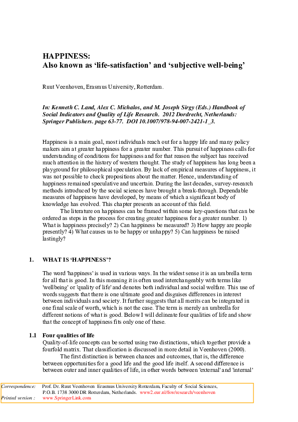 (PDF) Happiness: Also Known as “Life Satisfaction” and “Subjective Well ...