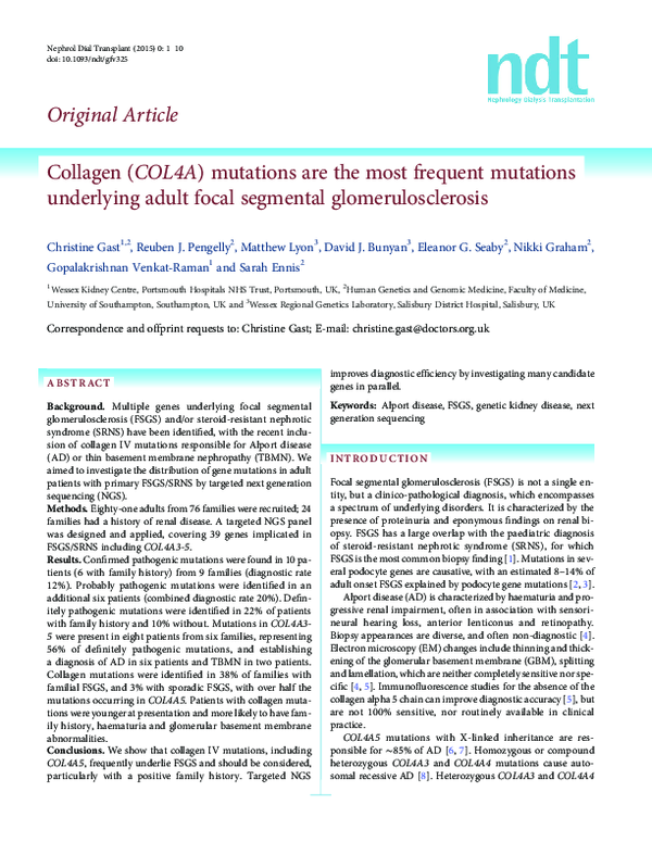 (PDF) Collagen ( COL4A ) mutations are the most frequent mutations ...