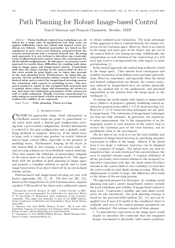 (PDF) Path planning in image space for robust visual servoing