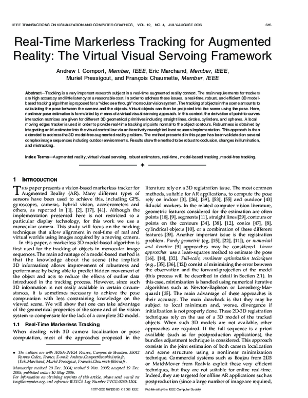(PDF) Real-time markerless tracking for augmented reality: the virtual visual servoing framework