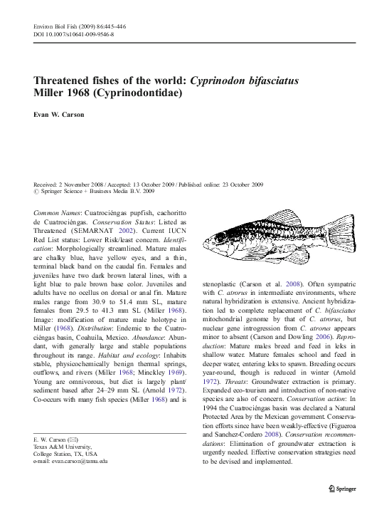 (PDF) Threatened fishes of the world: Cyprinodon bifasciatus Miller ...