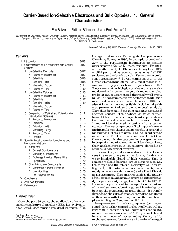 Pdf Carrier Based Ion Selective Electrodes And Bulk Optodes 1 General Characteristics