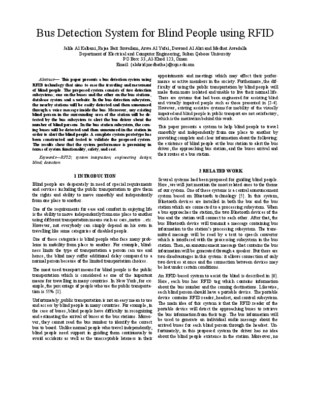 (PDF) Bus detection system for blind people using RFID