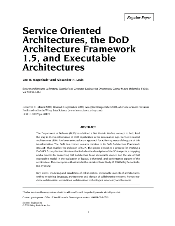 (PDF) Service Oriented Architectures, the DoD Architecture Framework 1.5, and Executable ...
