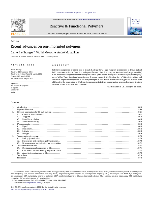 (PDF) Recent advances on ion-imprinted polymers