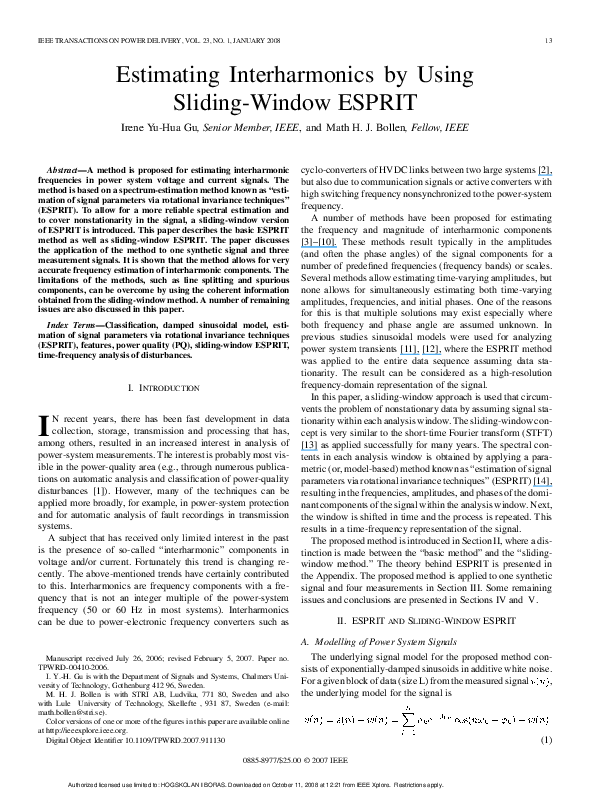 (PDF) Estimating Interharmonics by Using Sliding-Window ESPRIT
