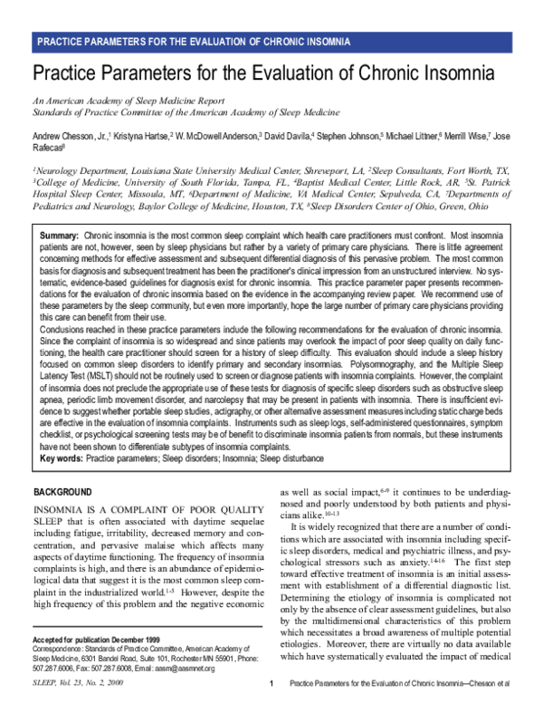 (PDF) Practice parameters for the evaluation of chronic insomnia. An ...