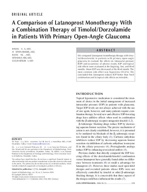 (PDF) A Comparison of Latanoprost Monotherapy With a Combination ...