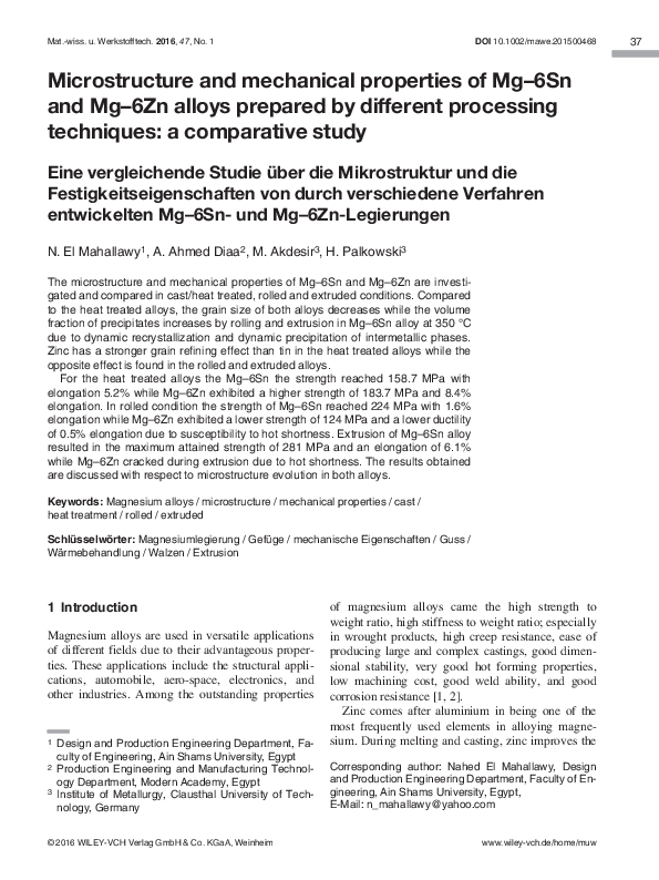 (PDF) Microstructure and mechanical properties of Mg–6Sn and Mg–6Zn alloys prepared by different ...