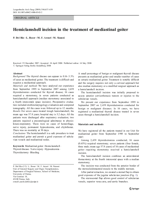 (PDF) Hemiclamshell incision in the treatment of mediastinal goiter