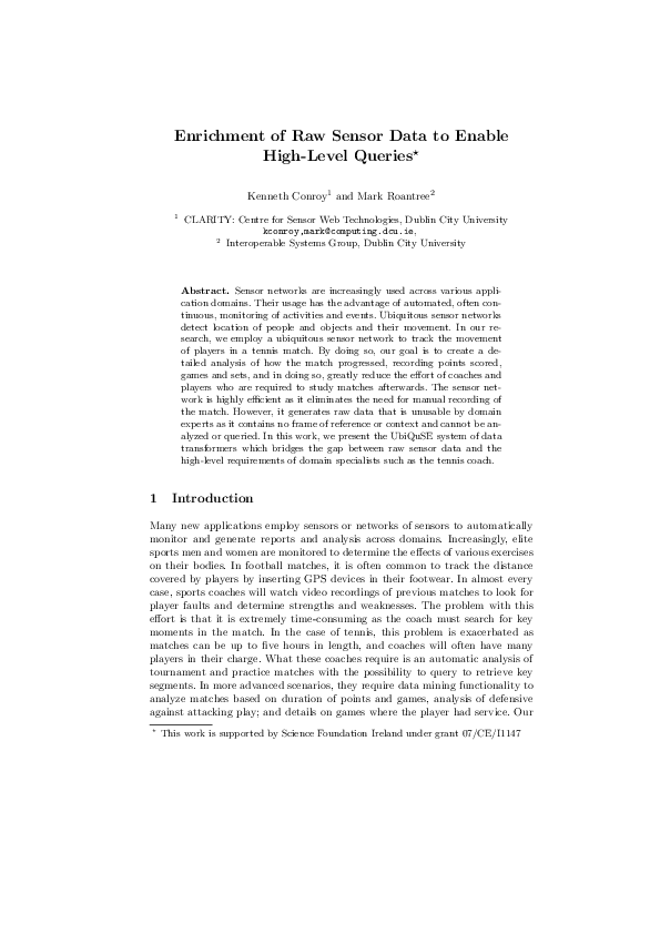 (PDF) Enrichment of Raw Sensor Data to Enable High-Level Queries