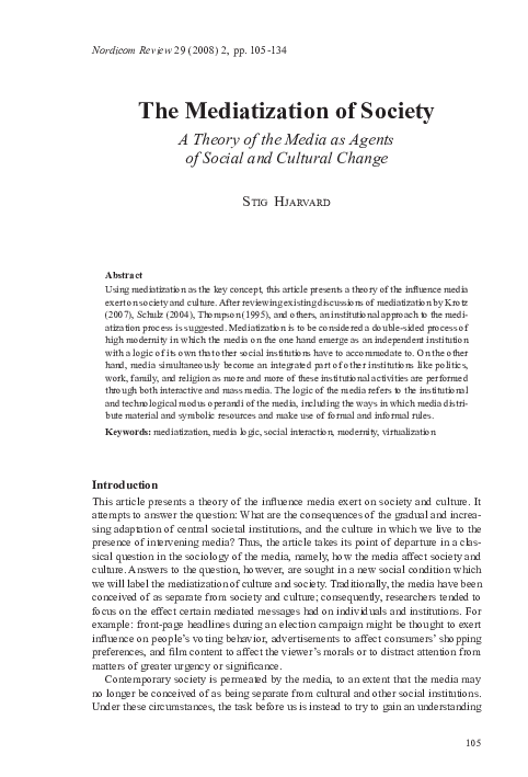 (PDF) The Mediatization of Society. A Theory of the Media as Agents of ...