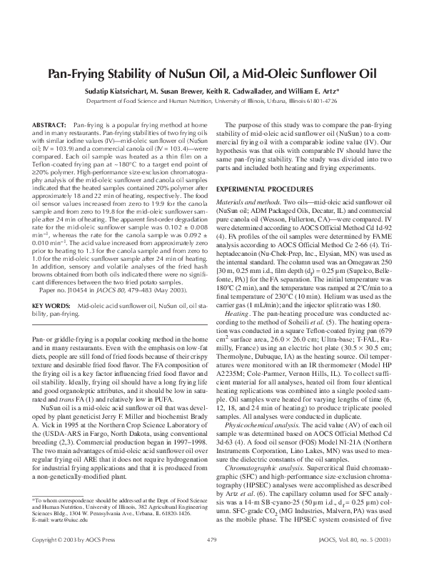 (PDF) Pan-frying stability of NuSun oil, a mid-oleic sunflower oil