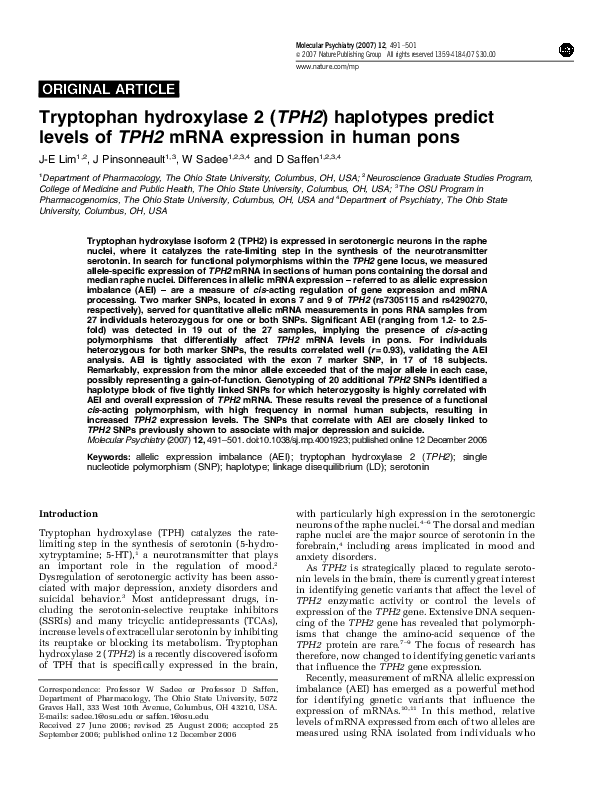 (PDF) Tryptophan hydroxylase 2 (TPH2) haplotypes predict levels of TPH2 ...