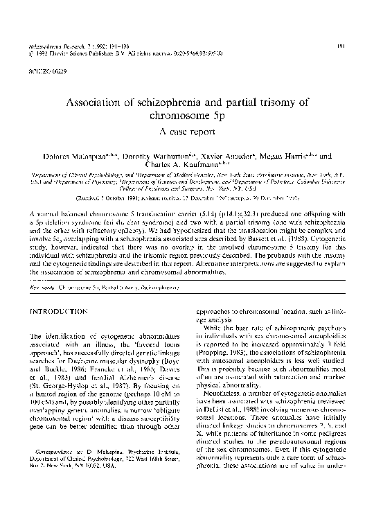 (PDF) Association of schizophrenia and partial trisomy of chromosome 5p