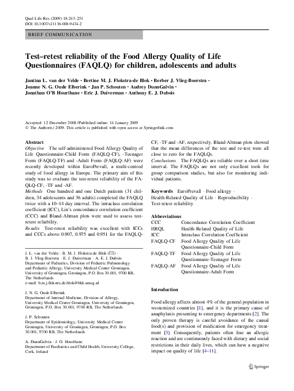 (PDF) Test–retest reliability of the Food Allergy Quality of Life ...