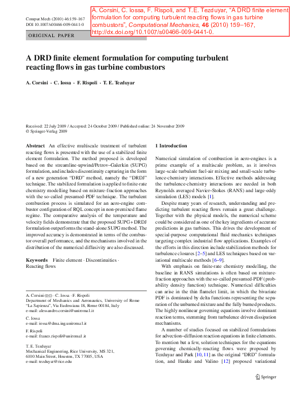 Pdf A Drd Finite Element Formulation For Computing Turbulent Reacting Flows In Gas Turbine