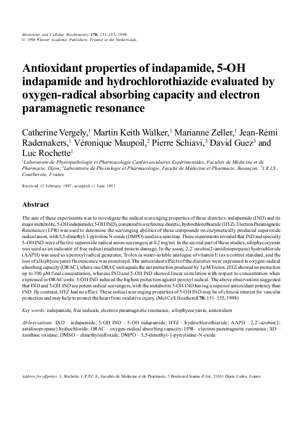(PDF) Antioxidant Effects of Indapamide Variants vs Hydrochlorothiazide