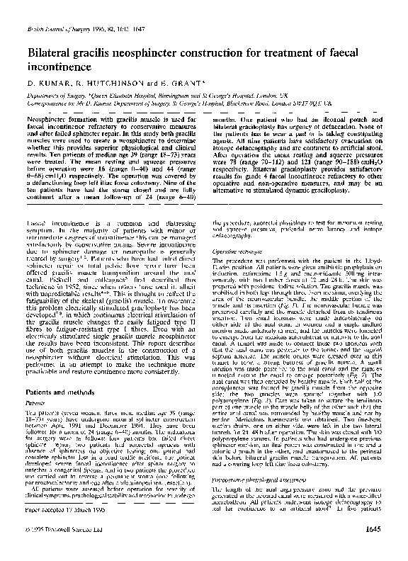 (PDF) Bilateral gracilis neosphincter construction for treatment of ...