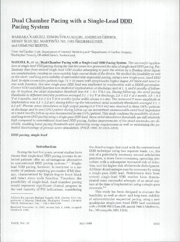 (PDF) Dual Chamber Pacing with a Single-Lead DDD Pacing System