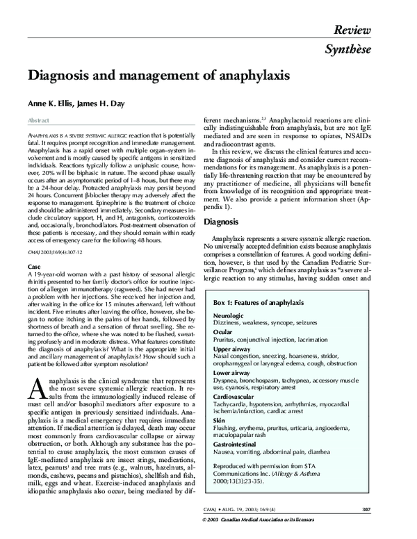 (PDF) Diagnosis and management of anaphylaxis