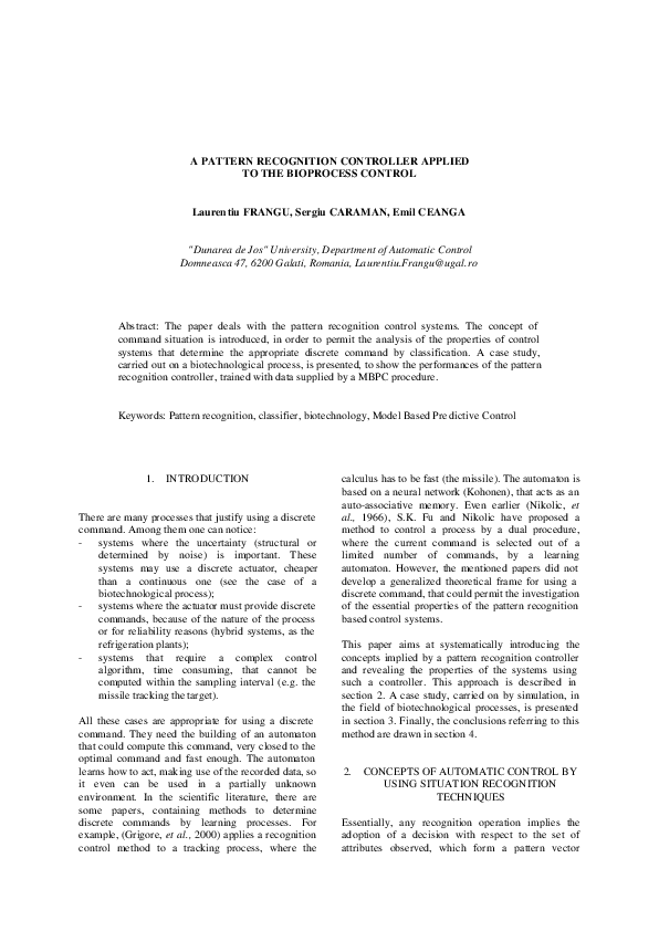 (PDF) A PATTERN RECOGNITION CONTROLLER APPLIED TO THE BIOPROCESS CONTROL
