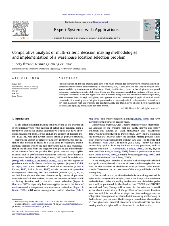 (PDF) Comparative analysis of multi-criteria decision making methodologies and implementation of ...