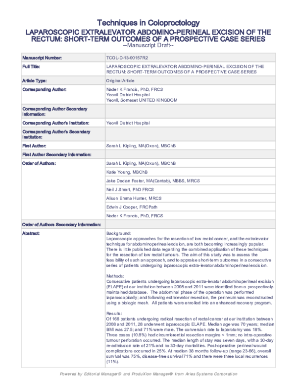 (PDF) Laparoscopic Extralevator Abdominoperineal Resection for Rectal ...