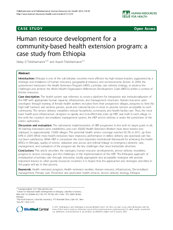 (PDF) Human resource development for a community-based health extension ...