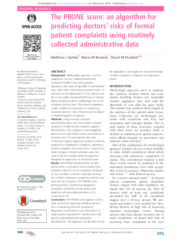 (PDF) The PRONE score: an algorithm for predicting doctors' risks of formal patient complaints ...