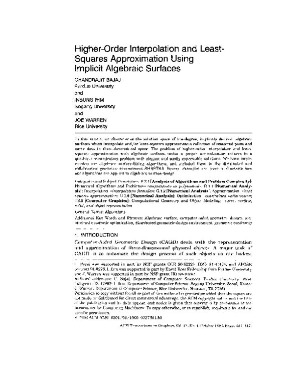 Pdf Higher Order Interpolation And Least Squares Approximation Using Implicit Algebraic Surfaces