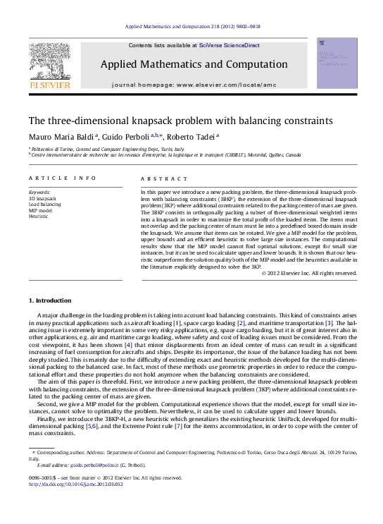 (PDF) The three-dimensional knapsack problem with balancing constraints
