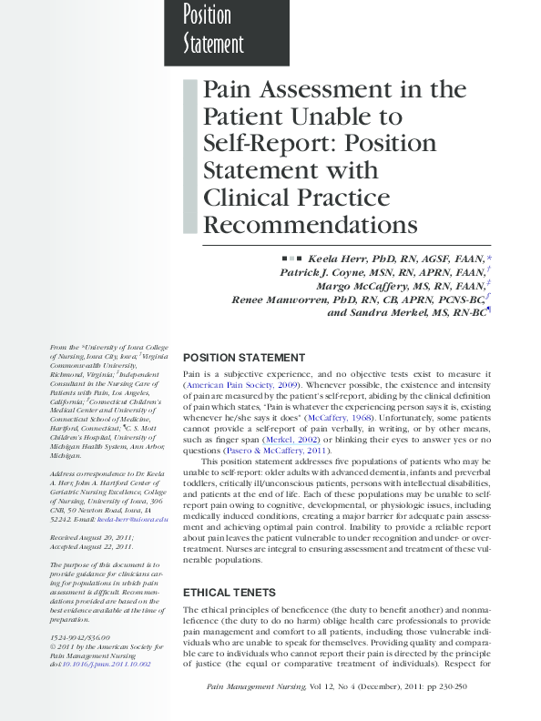 (PDF) Pain Assessment in the Patient Unable to Self-Report: Position ...