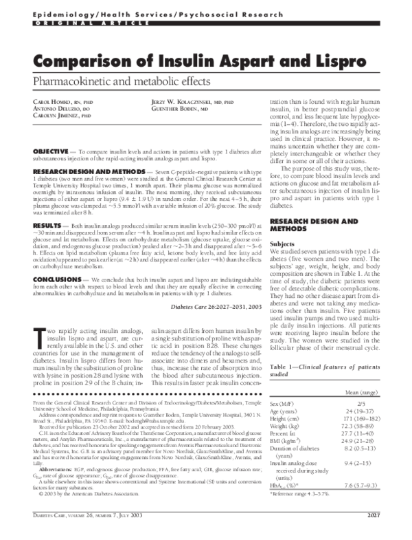 (PDF) Comparison of Insulin Aspart and Lispro: Pharmacokinetic and ...