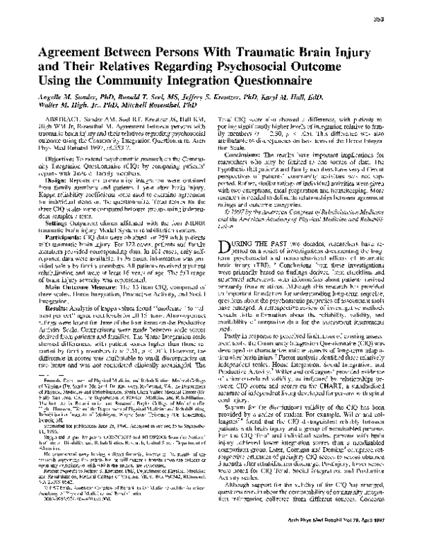 (PDF) Agreement between persons with traumatic brain injury and their ...