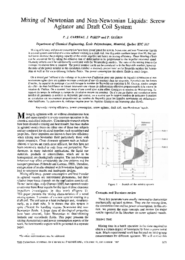 (PDF) Mixing of newtonian and non‐newtonian liquids: Screw agitator and ...